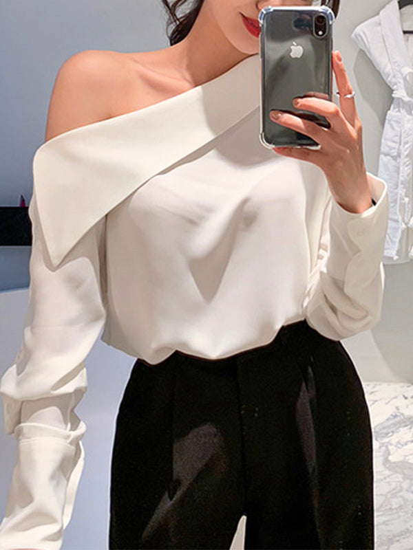 Loose Diagonal Collar Off Shoulder Long Sleeve Shirt Top – girlgard